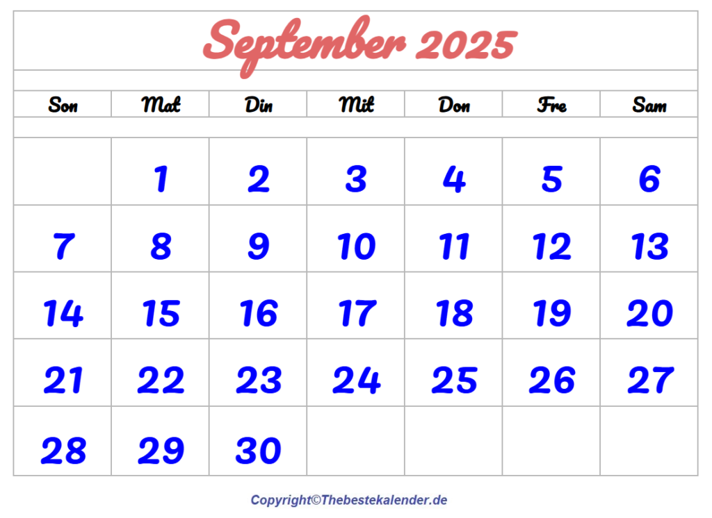Kostenlos Druckbare September 2025 Kalender Zum Ausdrucken