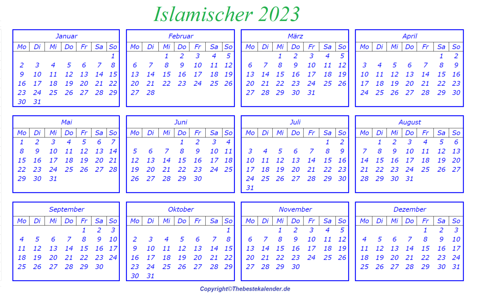 Druckbare Ausdrucken Islamischer Kalender 2023 (1444)